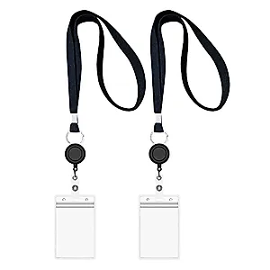 CarryLuxe Lanyard with ID Holder Sets (Black,2 Pack)- Flat Polyester ID Lanyard with Retractable Badge Reel & Vinyl Name Badge Holder