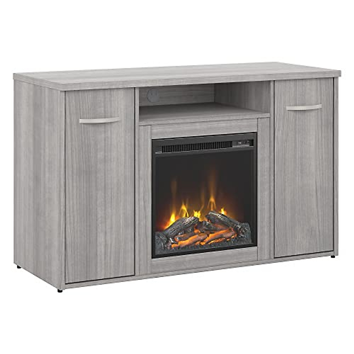 Bush Business Furniture Studio C Office Storage Cabinet with Doors and Electric Fireplace, 48W, Platinum Gray