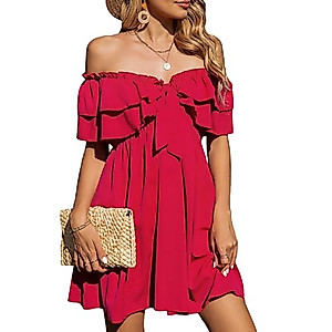 WDIRARA Women's Off Shoulder Frill Trim Short Sleeve Tie Front Flare Dress Red L
