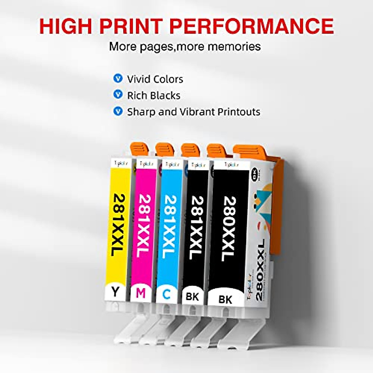 Topkolor 280XXL 281XXL Ink Cartridge Compatible for Canon 280 281 Ink for Printer TR8520 TS6320 TS6120 TR7520 TS6220 TS8120 TS8220 TS9120 TS9520 5 Pack(PGBK Black C M Y)