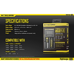 Nitecore D2 Charger with LCD Display Universal Smart Charger For Rechargeable Batteries IMR/Li-ion/LiFePO4/Ni-MH/Ni-Cd