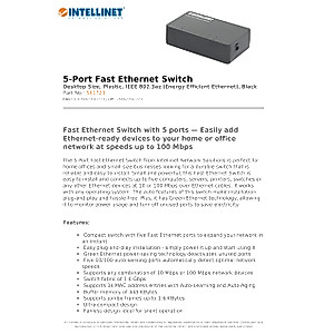 MANHATTAN Intellinet 5-Port Fast Ethernet Network Switch - Ethernet Splitter - Unmanaged | Plug & Plug| - for Computer Networking Hub, Desktop – 3 Mfg Yr Warranty – 561723