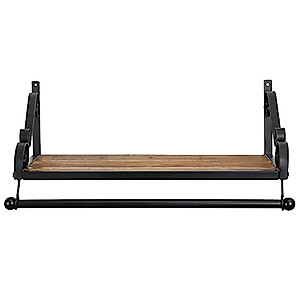 MyGift Wall Mounted Burnt Wood Floating Shelf with Metal Clothes Rod and Metal Framed Decorative Scrollwork Design