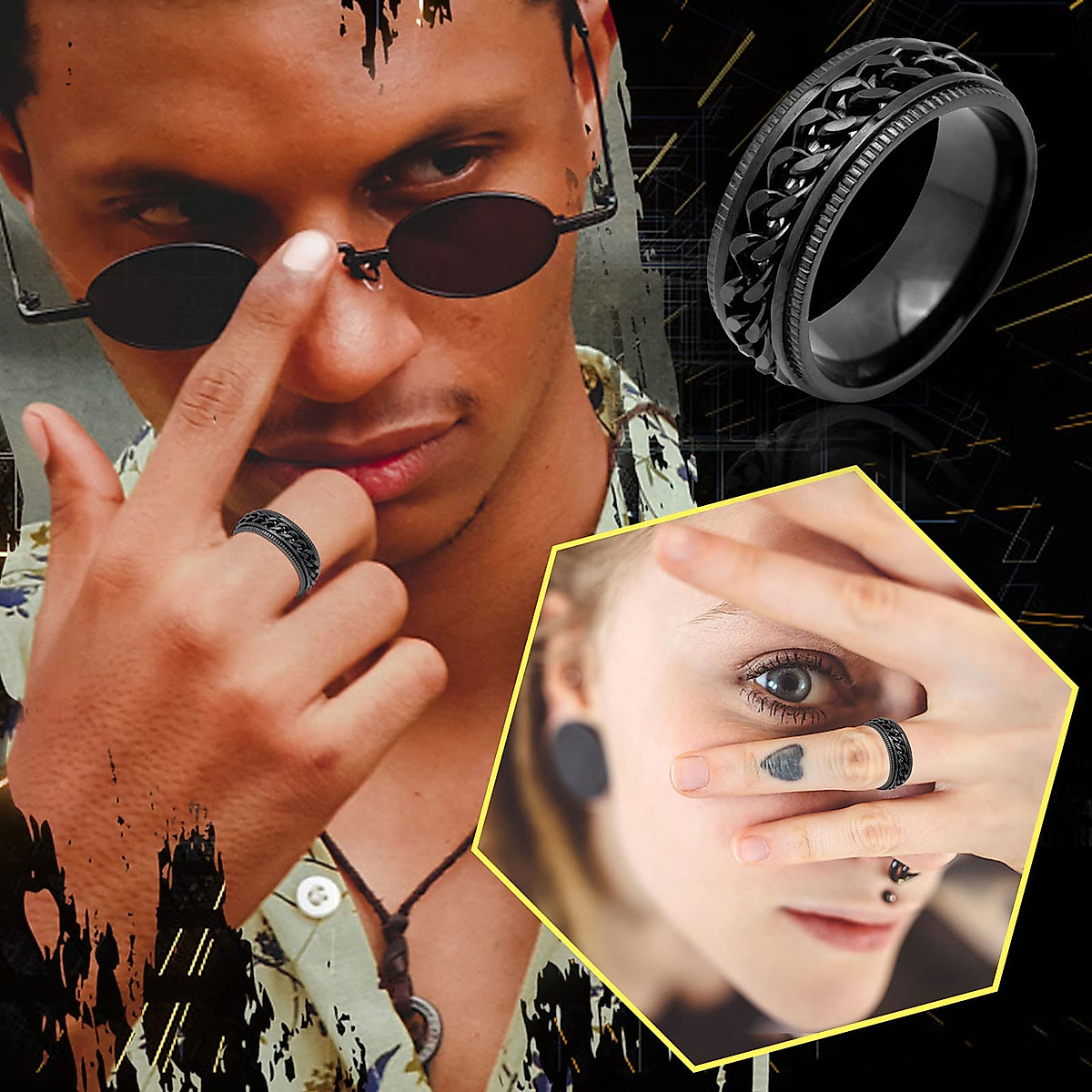 Unisex Beer Ring Bottle Opener Set Chain Rotation Ring Titanium Ring Finger Band for Women Men Jewelry Gift Christmas