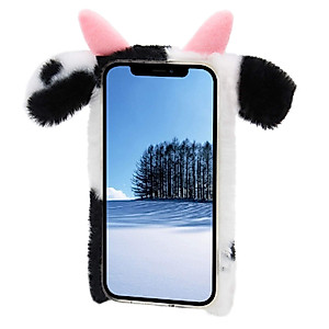 Girlyard Milk Cow Case for Samsung Galaxy S21 FE 5G, Cute 3D Cartoon Dairy Cattle Fluffy Hairy Silicone Cover Fuzzy Warm Faux Stuffed Plush Doll Soft Furry Protective Shell for Women Girls - Black