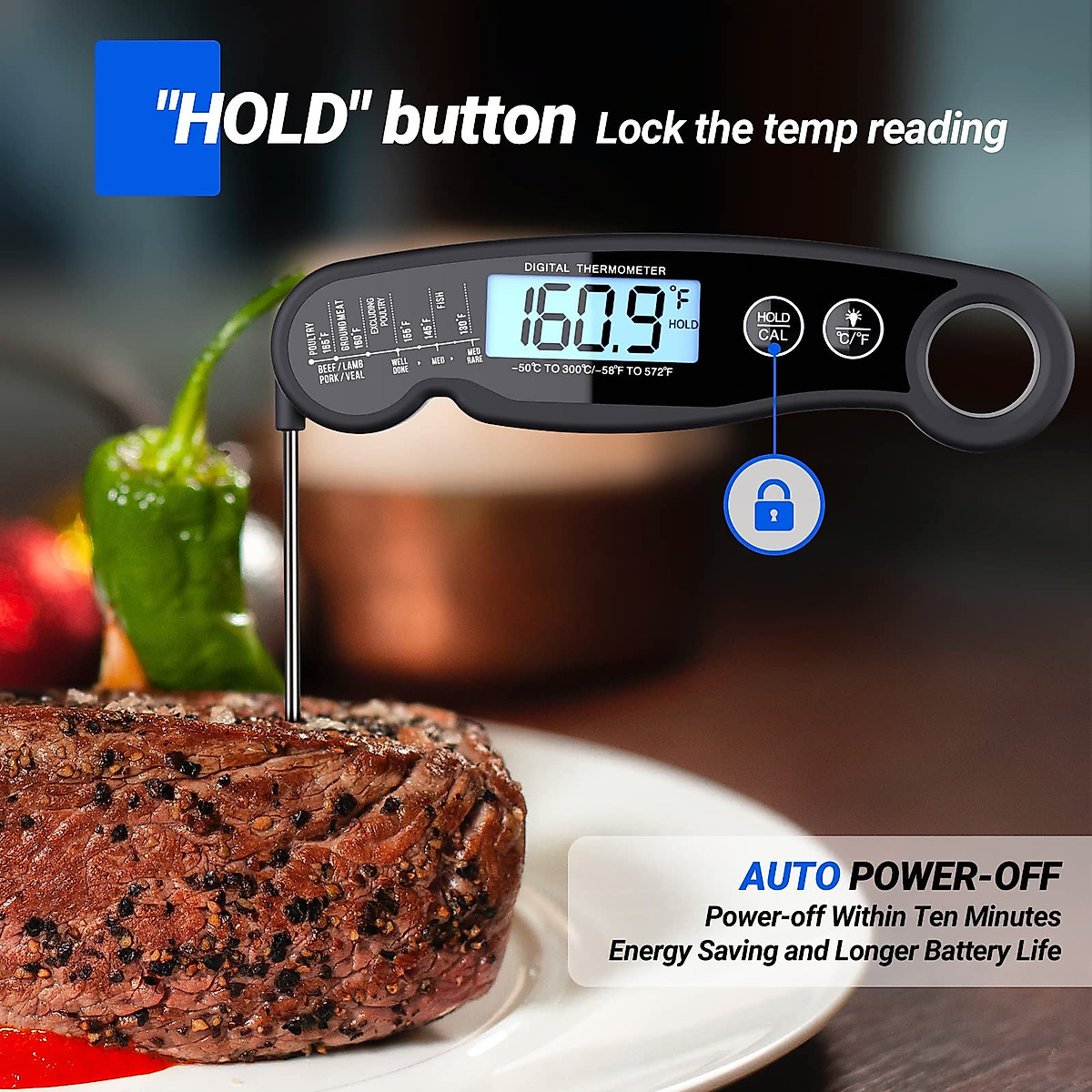 MANVINS Digital Meat Thermometer, Waterproof Instant Read Food Thermometer for Cooking and Grilling, Kitchen Gadgets with Backlight & Calibration for Candy, BBQ Grill, Liquids, Beef, Turkey