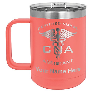 LaserGram 15oz Vacuum Insulated Coffee Mug, CNA Certified Nurse Assistant, Personalized Engraving Included (Coral)