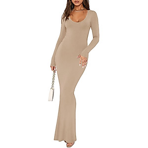 REORIA Women's Sexy Casual Scoop Neck Long Sleeve Lounge Long Dress Elegant Fall Wedding Guest Tight Ribbed Bodycon Maxi Dresses Khaki Large