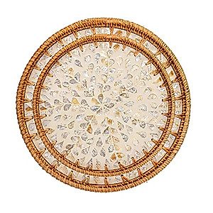 Frcctre 2 Pack Round Rattan Serving Tray with Mother of Pearl Inlay Wooden Base, Decorative Wicker Baskets Woven Serving Tray for Bread Fruit Food Coffee Breakfast, Storage and Display, 2 Sizes