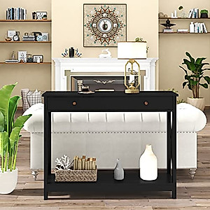 Treocho Oxford Design Console Table with Drawer and Storage Shelves, Foyer Sofa Table Narrow for Entryway, Living Room, Hallway, Black