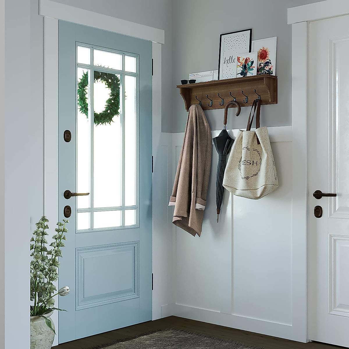 brightmaison Mante Entryway Organizer with Key Holder and Coat Rack, 6 Hooks For Hanging Face Masks, 30" Wood Walnut