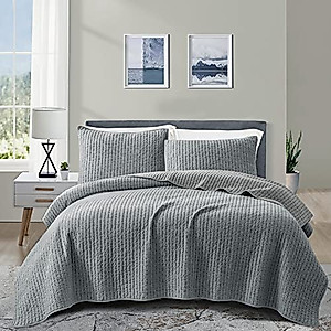 SHALALA Cotton Quilt Set King Size, Grey Bedding Set, Reversible Striped Geometric Pattern Bedspread and Coverlet - Poly Fill-Lightweight Soft Wrinkle, Fade, &Stain Resistant(Gray)
