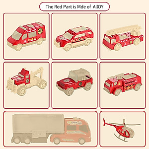 PANITU Firefighter Toys Die-cast Large Fire Truck Toy Set with Game Mat,Rescue Emergency in Carrier Truck with Sound and Light，Play Vehicle Set for Age 3 4 5 6 7 Years Old Boys Girl Gift Red