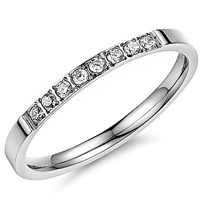 Fashion Month Women 2mm Titanium Stainless Steel Cubic Zirconia CZ Inlay White Gold Ring Wedding Engagement Silver Band Size 5