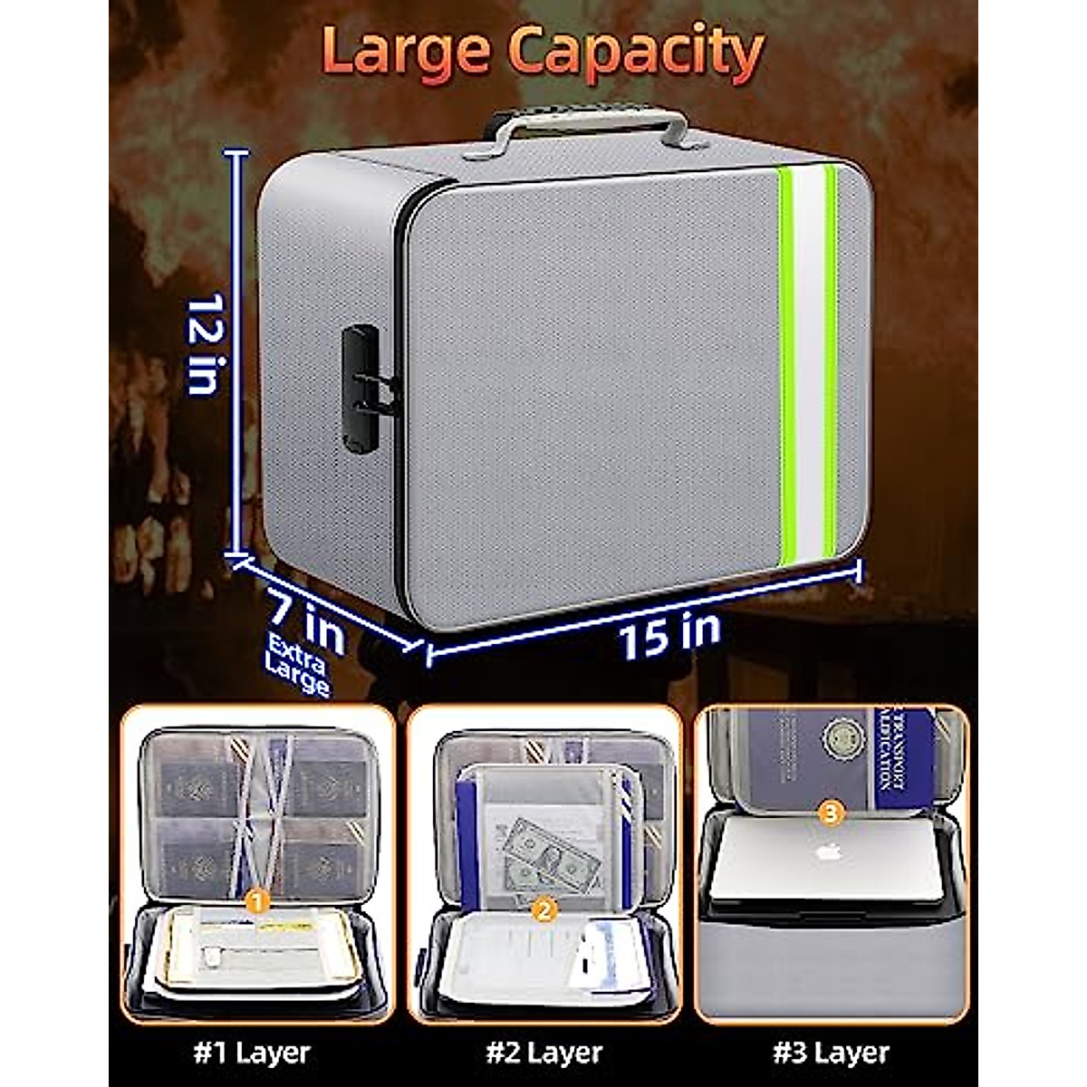 Large Fireproof Document Bag with Lock - 5-Layer Protection, Water-Resistant 3-Layer File Organizer with Reflective Stripe - for Safeguarding Legal Papers, Certificates, Laptops, and Valuables