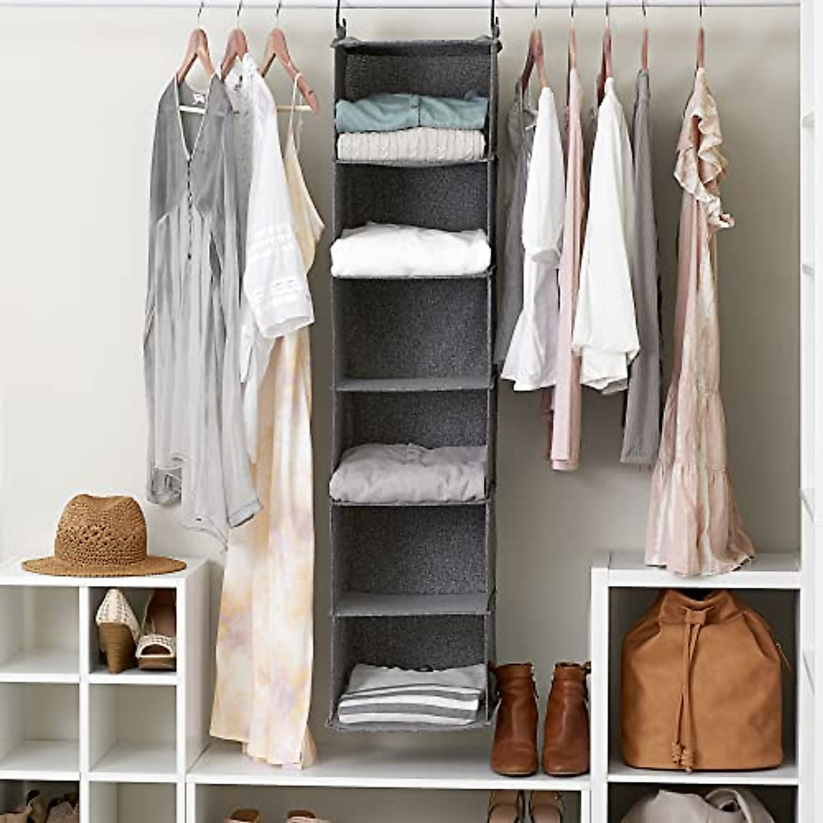 Household Essentials 6 Closet Organizer with Hooks Hanging Shelf, Graphite