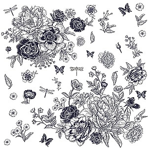 Vintage Flower Wall Stickers Large Peony Flower Wall Decals Removable Floral Butterfly Dragonfly Wall Stickers Vinyl Black Flower Wall Stickers for Bedroom Nursery Decor