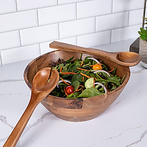 BIRDROCK HOME 3 Piece Wooden Salad Serving Bowl and Utensils | Acacia Wood Server Set | Salad, Fruit or Side Hands | Large