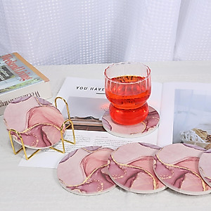 Warmroom Absorbent Pink Marble Ceramic Coasters for Drinks with Gold Holder and Cork Base Set of 6 Round Decorative Tabletop Protection for Coffee Table Bar Kitchen Home and Dining Room