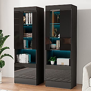 AMERLIFE 2 Piece 71in Tall Bookcase Storage Cabinet with Glass Doors, Modern High Gloss LED Bookshelf Display with 5 Tiers for Storage & Adjustable Glass Shelves for Living Room, Office, Black