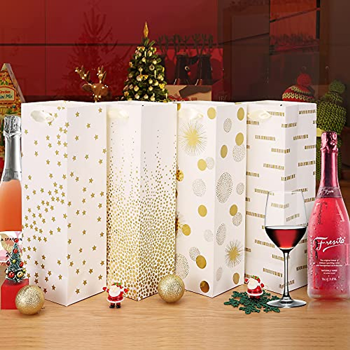 Carnation Wine Bags, 12Pack Wine Gift Bags for Wine Bottles Gifts, Christmas Wine Bags, 4 Assorted Designs Gold Foil Wine Bottle Gift Bags for Valentine's Day, Christmas, Engagement Gift, Weddings, Thanksgiving,14Inch