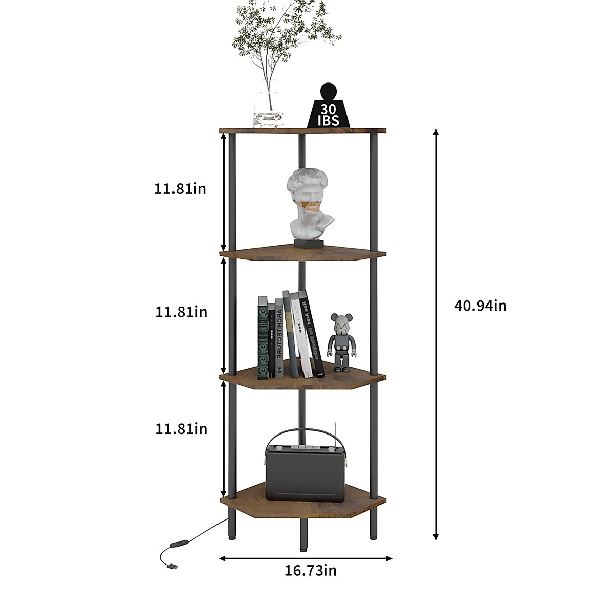 4 Tier Corner Shelf with LED Light,Tall Corner Wall Shelf, Display Shelf,Narrow Bookshelf,The Classic Combination of Rustic Brown and Black Standing Shelf,Suitable for Bedroom,Living Room,Kitchen