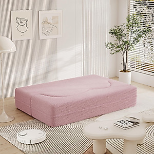 Tmsan 78" Teddy Loveseat Sofa Cloud Couch, 2 in 1 Convertible Sleeper Sofa Bed Full Size, Modern Boucle Floor Sofa Guest Bed with 2 Pillows for Living Room Apartment Office (Pink)
