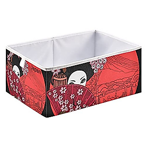 Japanese Woman Girl Hairstyle Cherry Blossoms Mount Fuji Red Style Rectangular Storage Basket Bin, Collapsible Storage Box, Foldable Nursery Baskets Organizer for Toy, Clothes Easy to Assemble