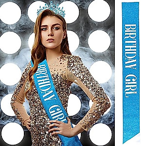 Velscrun Blue Crystal Birthday Tiara Crowns for Women Girls Elegant Princess Crown with Combs Birthday Girl Headband Sash Happy Birthday Party Decorations Birthday Gift Cake Topper Hair Accessories