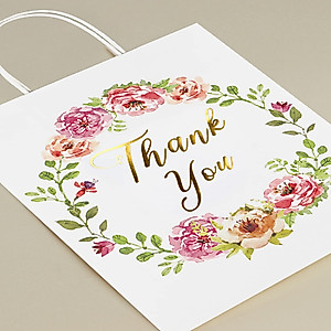 OurWarm 24 Pack Thank You Gift Bags Medium Size with Gold Foil, Floral Design White Paper Bags with Handles Bulk, Thank You Bags for Wedding Bridal Party Baby Shower Birthday Gift Bags, 8 X 4 X 10 IN