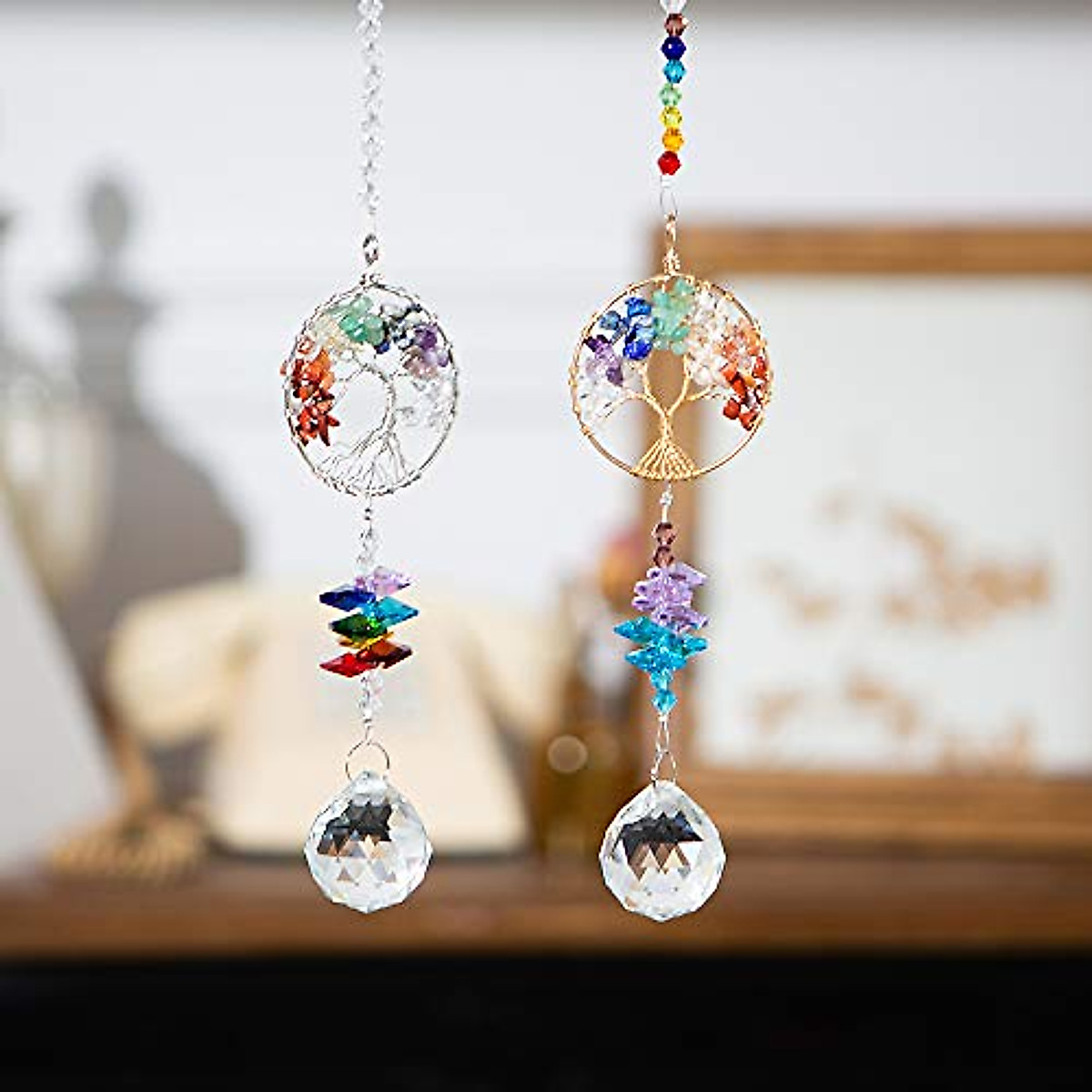 2 Packs Hanging Crystals Suncatcher - Life Tree Crystal Pendant Rainbow Crystal Ornament Crystal Ball Prism Chakra Crystals for Window, Garden, Home Decoration