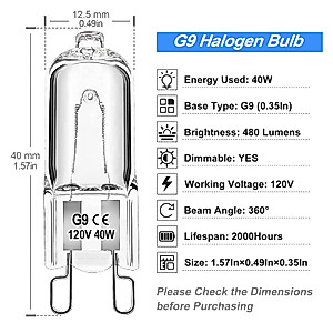 WeshLMPO G9 Halogen Light Bulbs 2 pin 120V 40W, Dimmable Long Lasting T4 JCD Type, G9 Bulb for Chandeliers, Microwave Oven, Range Hood Lights Warm White 12 Pack