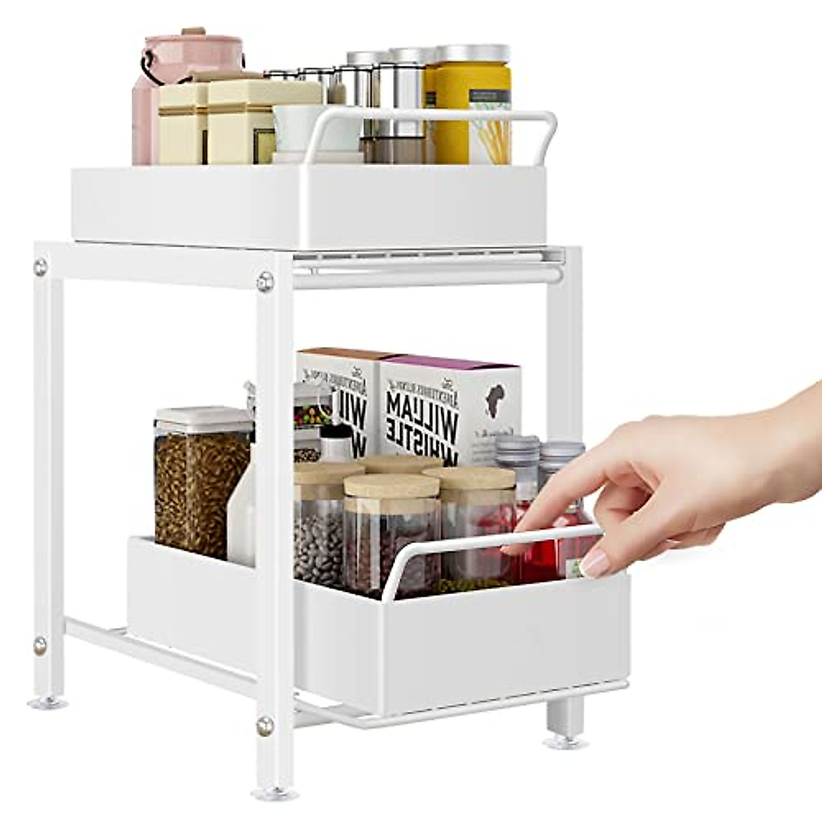 Metal Under Sink Organizers and Storage for Kitchen Undersink Organizers for Bathroom 2 Tier Pull-out Sliding Drawers Undersink Cabinet Organizer with Anti-rust Coating Handles White