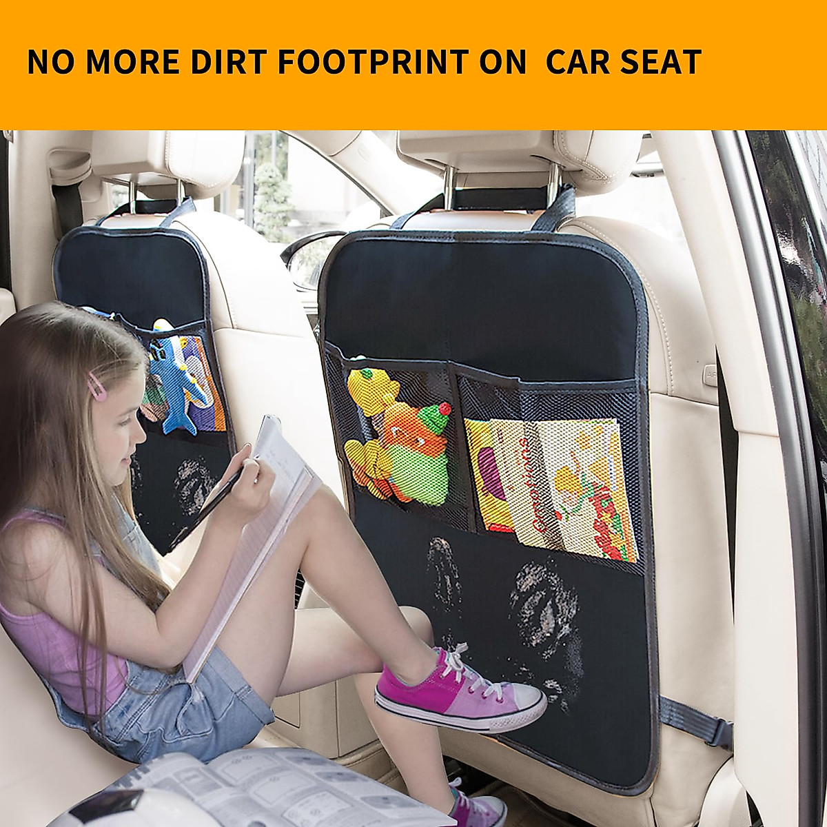 Kick Mats with Organizer - 2 Pack Backseat Protector Seat Covers for Your Car, SUV, Minivan or Truck Seats - Vehicle Back Seat Kids Safety Accessories - Universal Fit Automotive Interior Protectors