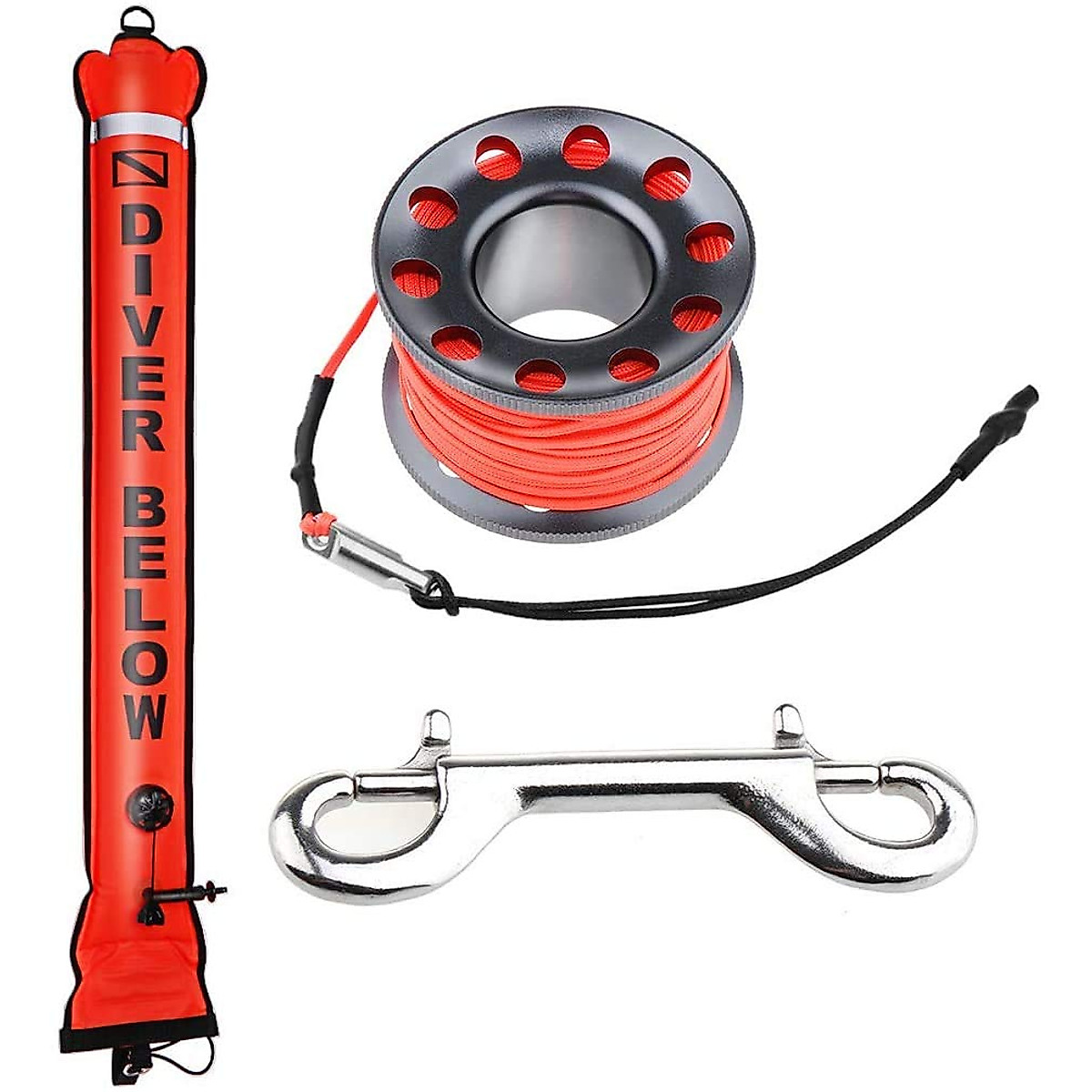 4ft Red Scuba Diving Open Bottom Surface Marker Buoy (SMB) with 49ft Finger Spool Alloy Dive Reel and Double Ended Bolt Clip - Gray