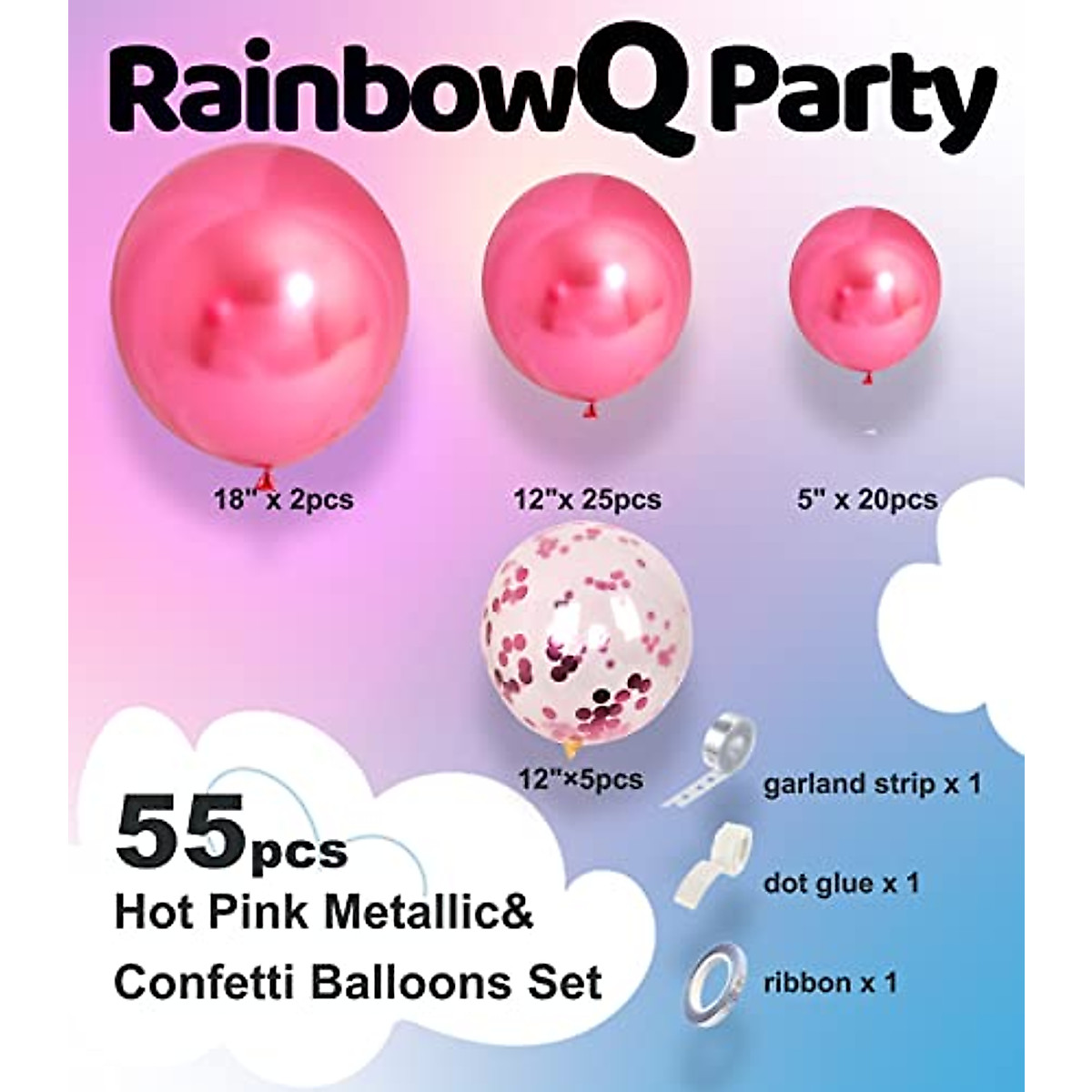 RainbowQ Party 55PCS Hot Pink Metallic Balloons Different Sizes 18/12/5 Inch and Fuchsia Confetti Balloons Shiny Latex Helium Balloons Set for Anniversary Graduation Wedding Birthday Party Decorations