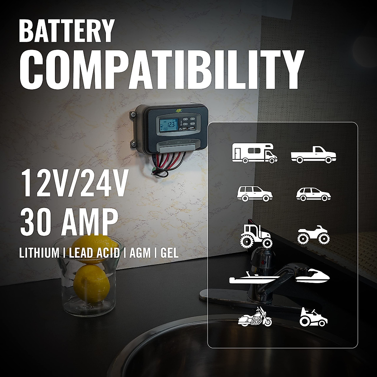 Battery Tender 30 AMP PWM Solar Charge Controller for 12 Volt/24 Volt Lead Acid, Gel, and AGM Batteries and 12 Volt Lithium Batteries