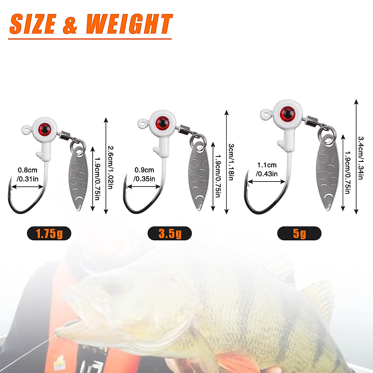 10Piece Fishing Jig Head with Willow Blade 3D Eyes Fishing Jigs Spoon Weighted Head Spin Jig Hook Lure Kit for Panfish Crappie