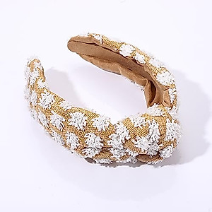 ZITULRY Raffia Knotted Headbands for Women Boho Straw Wide Top Knot Hairband Statement Rattan Woven Pom Pom Hair Hoop Summer Beach Holiday Party Hair Accessories for Girls Ladies Gifts