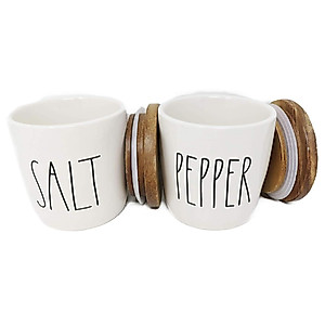 Rae Dunn SALT & PEPPER Cellars with Wood Lids - Ceramic with Large Lettering