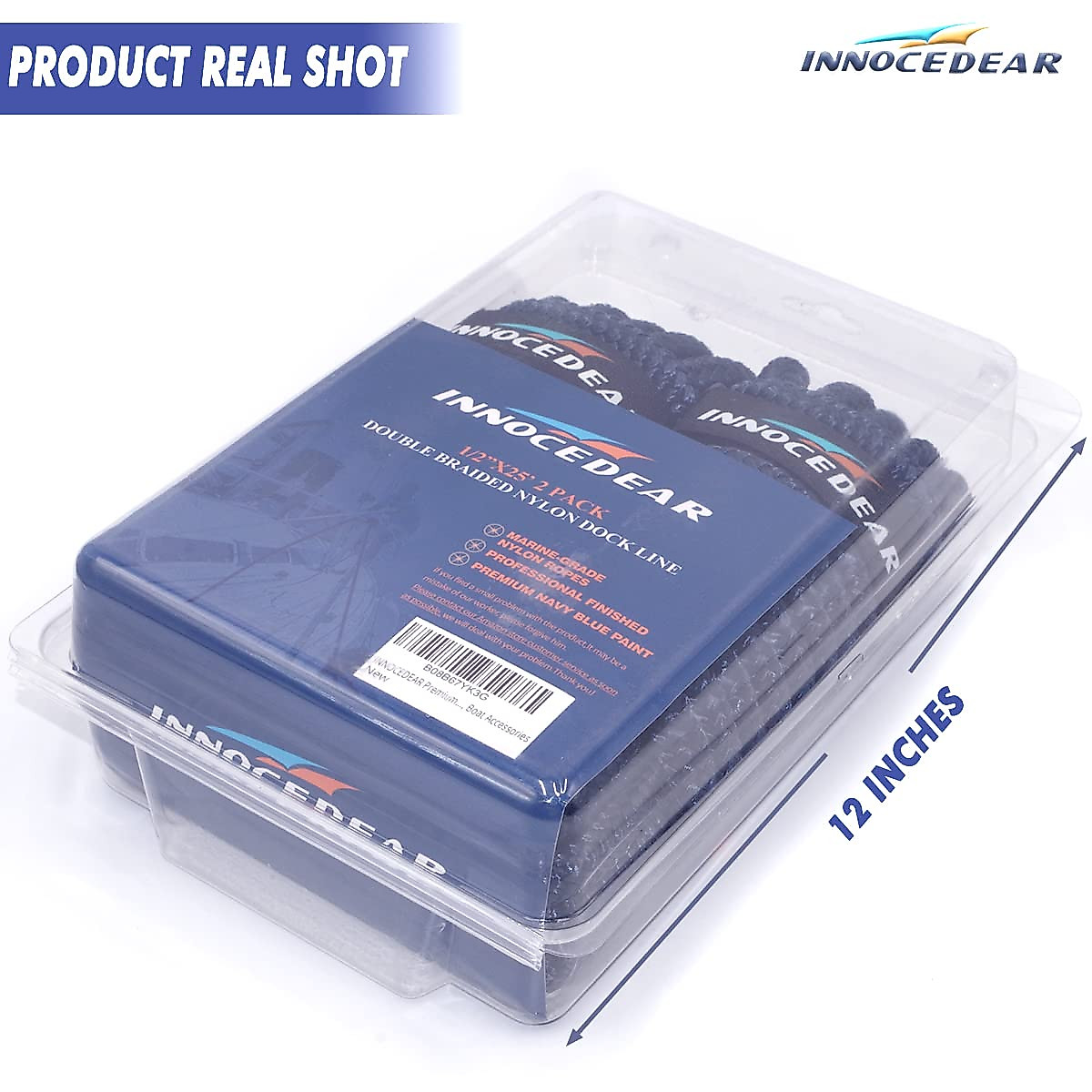 INNOCEDEAR 2 Pack Premium Navy Blue Dock Lines - 15' / 25'/35' with Eyelet.Double Braided Nylon Dock Line/Mooring Lines.Hi-Performance Marine Boats Ropes