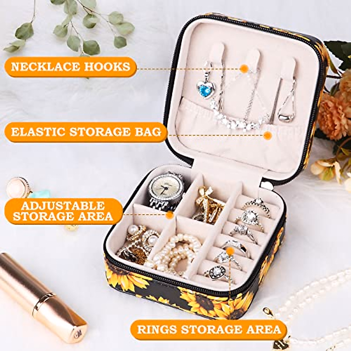 Travel Jewelery Case,Travel Essentials for Women Small Jewelry Box,Mini Travel Jewelry Organizer,Birthday Gifts for Women Bridesmaid Gifts Graduation Gifts for Girls Girlfriend Mom Wife Sunflower