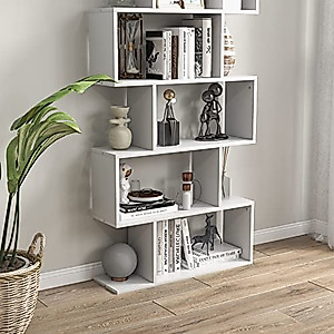 Tangkula 6 Shelf Bookcase, Modern S-Shaped Z-Shelf Style Bookshelf, Multifunctional Wooden Storage Display Stand Shelf for Living Room, Home Office, Bedroom, Bookcase Storage Shelf (1, White)