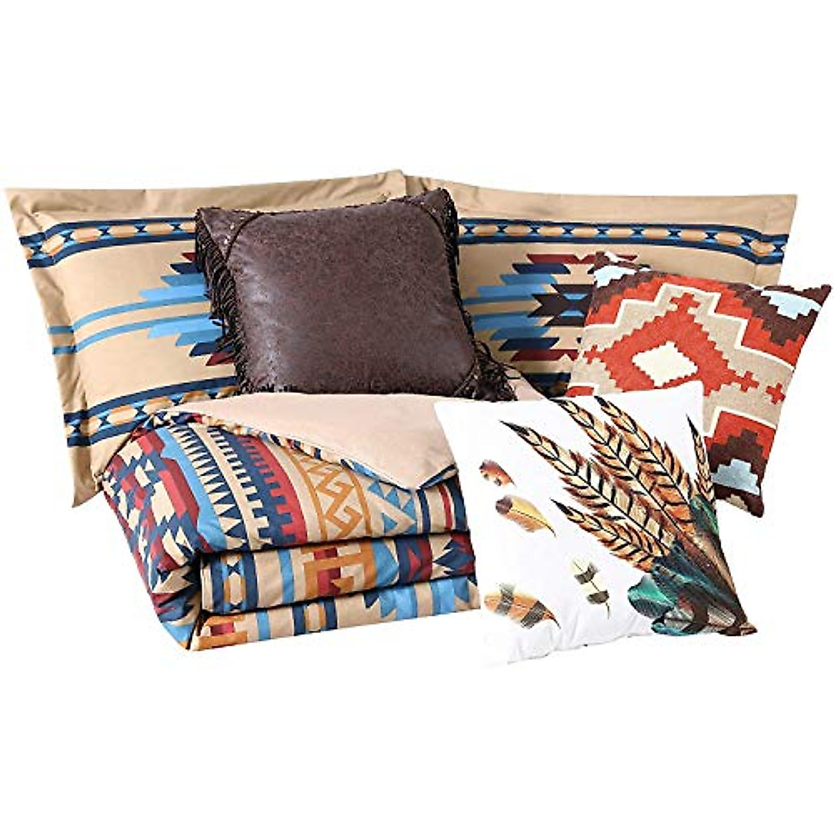 Chezmoi Collection Wyoming 7-Piece Southwestern Geometric Tribal Comforter Set - Printed Multicolor Beige Brown Blue Red Bedding Set, California King