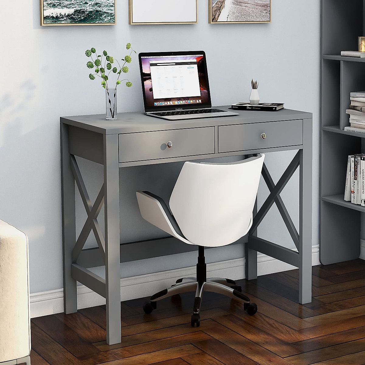 ChooChoo Home Office Desk Writing Computer Table Modern Design Desk with Drawers (Grey)