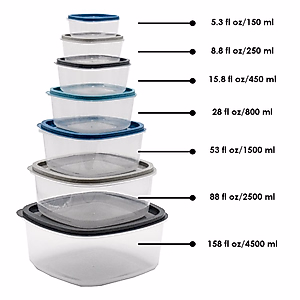 SharpChef 14Pc Square Plastic Food Storage Container Set, Stackable, Nesting, Airtight Leak-proof Lids, Microwavable, Freezer and Dishwasher Safe, Meal Prep, Lunch Bento boxes (Blue Ombre - 1 Pack)