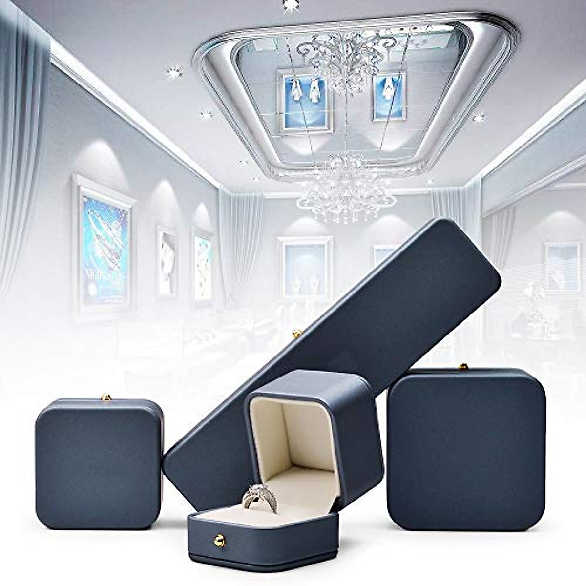 Oirlv Gorgeous Steel-Blue Ring Box Premium Leather Ring Gift Box for Wedding,Proposal Jewelry Storage Case