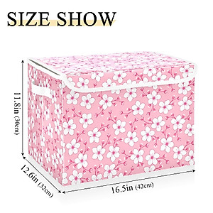 White Pink Cherry Blossom Storage Bins with Lids Collapsible Storage Cubes Containers Box Closet Organizer Fabric Storage Basket for Bedroom Shelves Clothes Nursery Office Gifts Home Decor