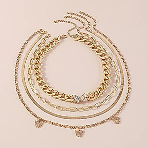 Missgrace Rhinestones Gold Butterfly Layered Choker Necklace Sparkly Jewerly Fashion Wedding Party Prom Bar Necklace Accessories for Women and Bride (Gold)
