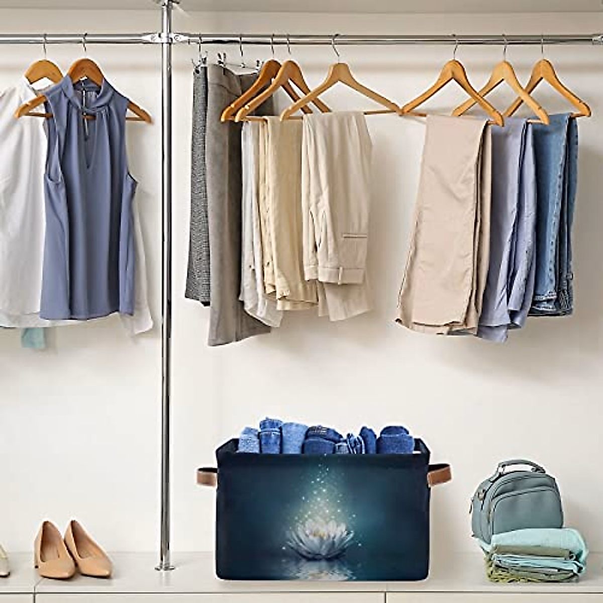 Rectangular Storage Bin Cube Magic Lotus Floral Foldable Organizer Basket with Handles, Glowing Waterlily Flower Floating On Pond Artwork Collapsible Storage Box Kid Toy Shelf Closet Nursery